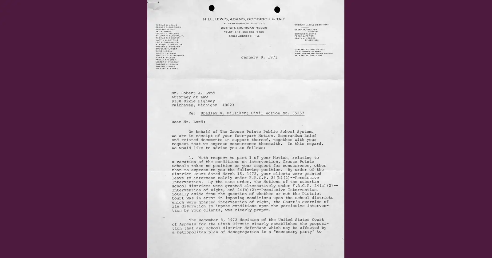 Letter from West to Lord RE Motion, Memorandum Brief and Supporting ...