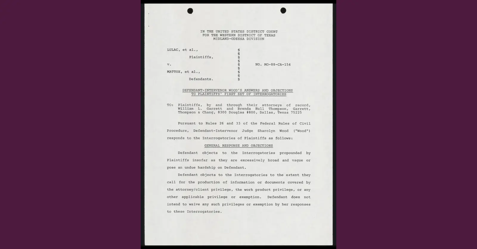 Defendant-Intervenor Wood's Answers and Objections to Plaintiffs' First ...