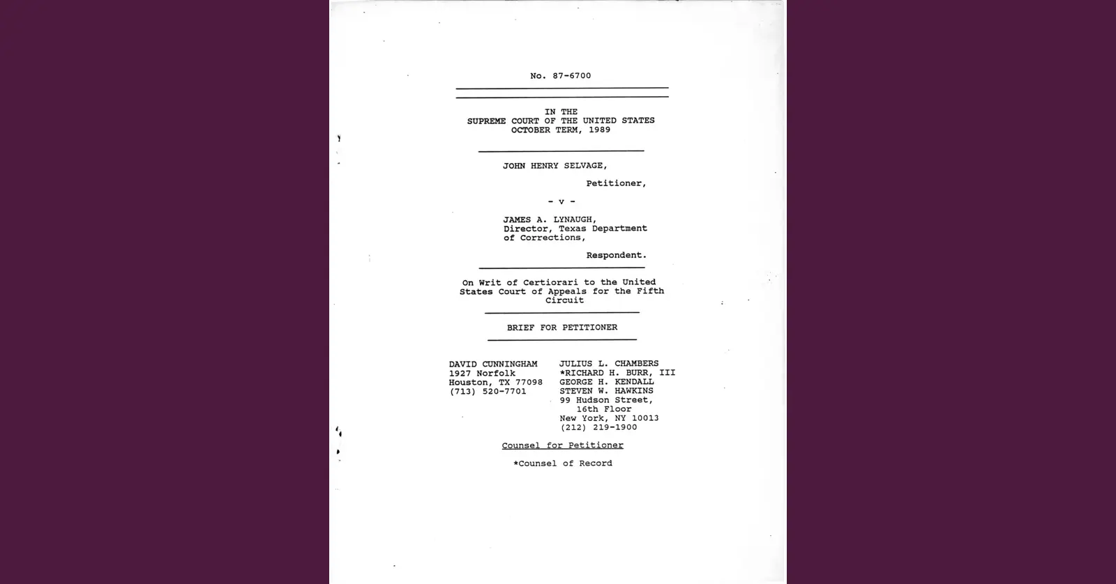 Selvage v Lynaugh Brief for Petitioner