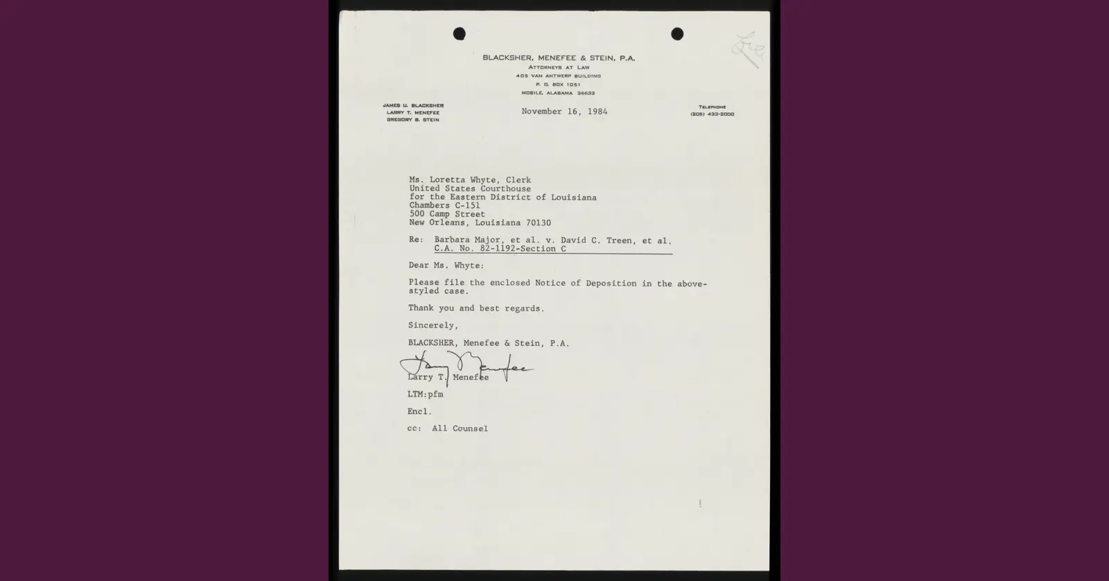 Correspondence from Menefee to Whyte (Clerk); Notice of Deposition ...